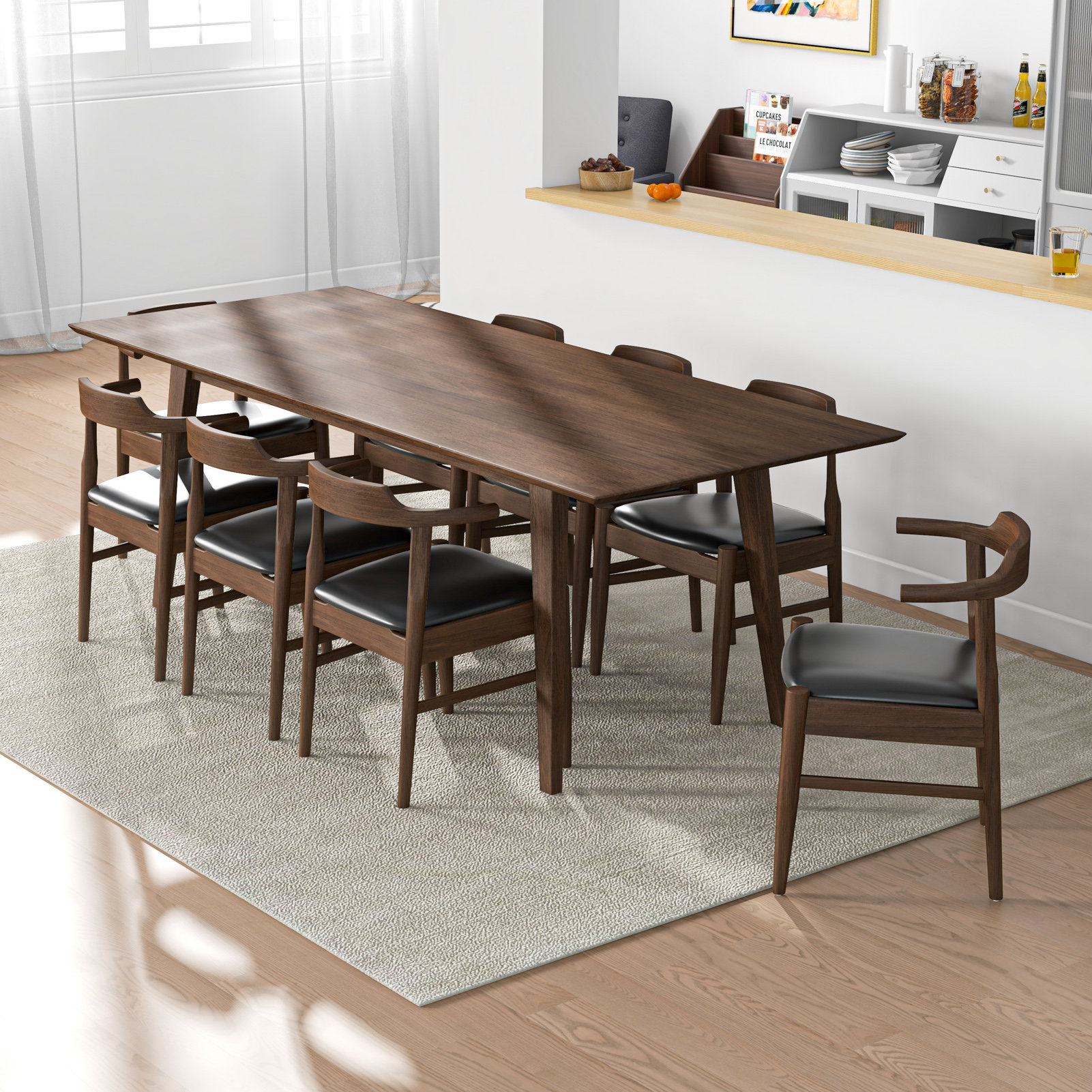 Corrigan Studio Aden 9 Piece Mid Century Dining Set W 8 Faux Leather Dining Chairs In Black Wayfair